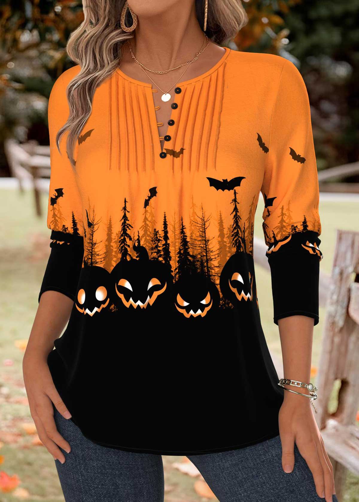 Halloween Orange Tummy Coverage Long Sleeve T-Shirt – Split Neck Tunic ...