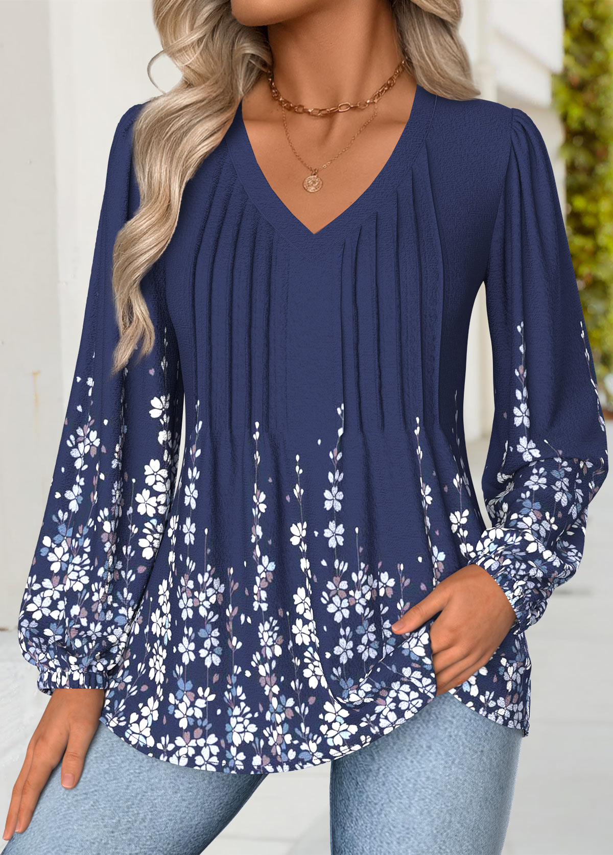 Navy Floral Print Long Sleeve Blouse – Tummy Coverage V Neck Bishop ...