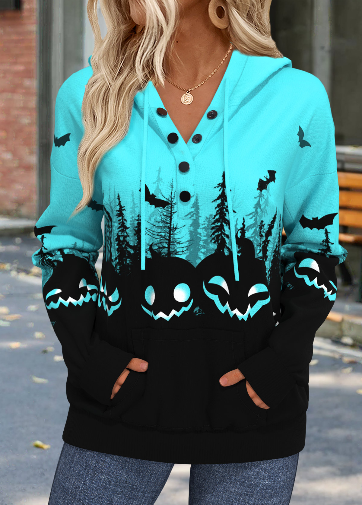Cyan Halloween Tummy Control Hoodie – Regular Fit Long Sleeve Pullover ...