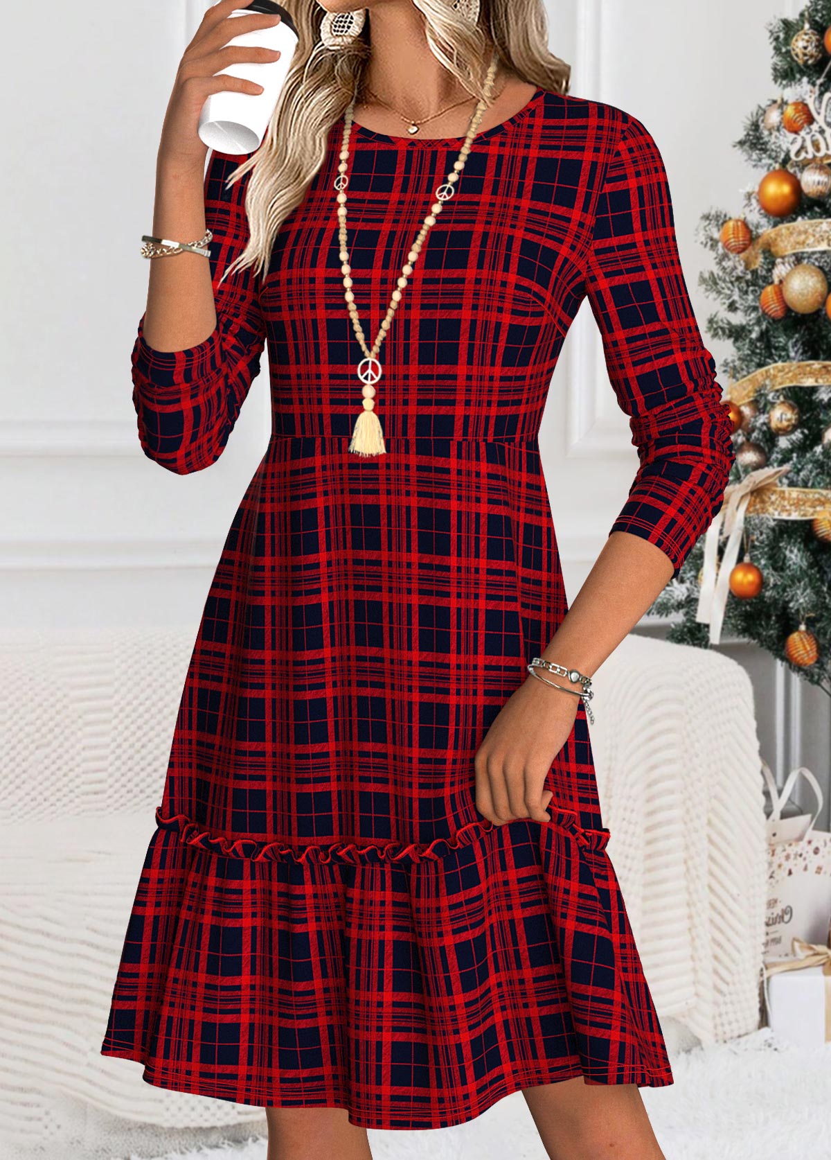 Wine Red Plaid Tummy Control Dress Long Sleeve