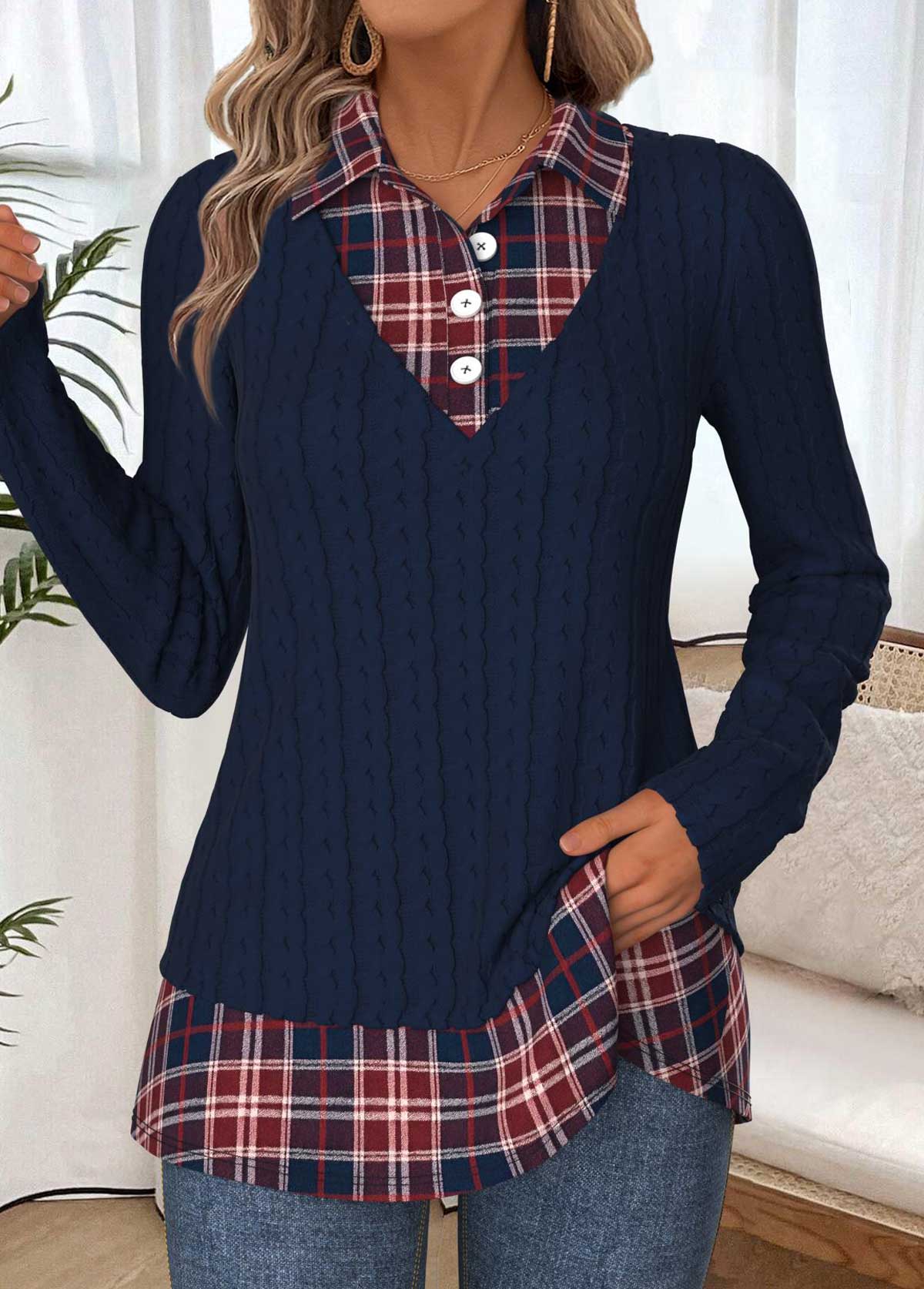 Navy Plaid Fake Two Piece Tunic Blouse – Tummy Control Knit Top