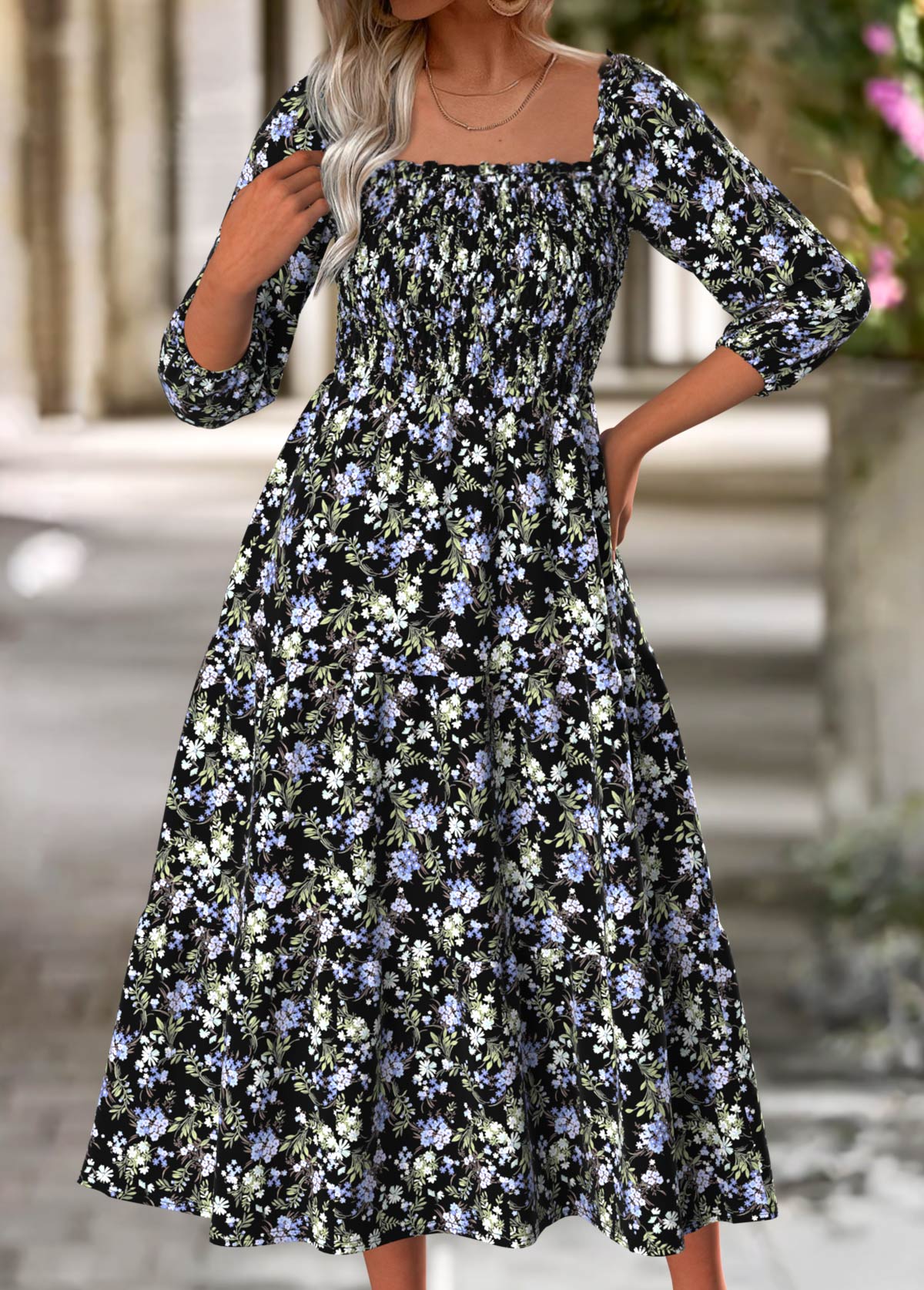 Multi Color Floral Long Sleeve Square Neck Dress – Tummy Control Midi