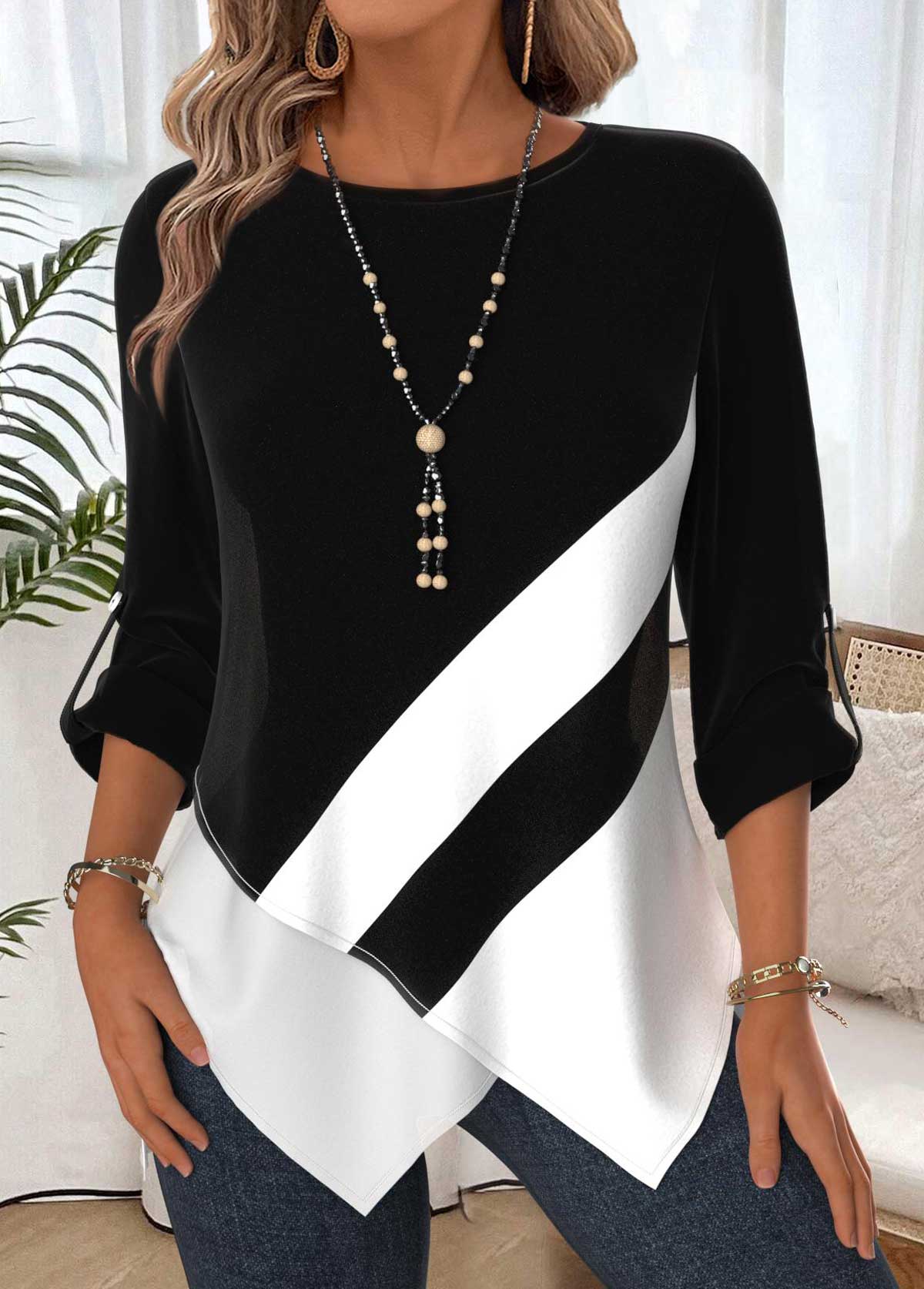 Black Tummy Coverage Geometric Print Long Sleeve Blouse-an amazing $37. ...