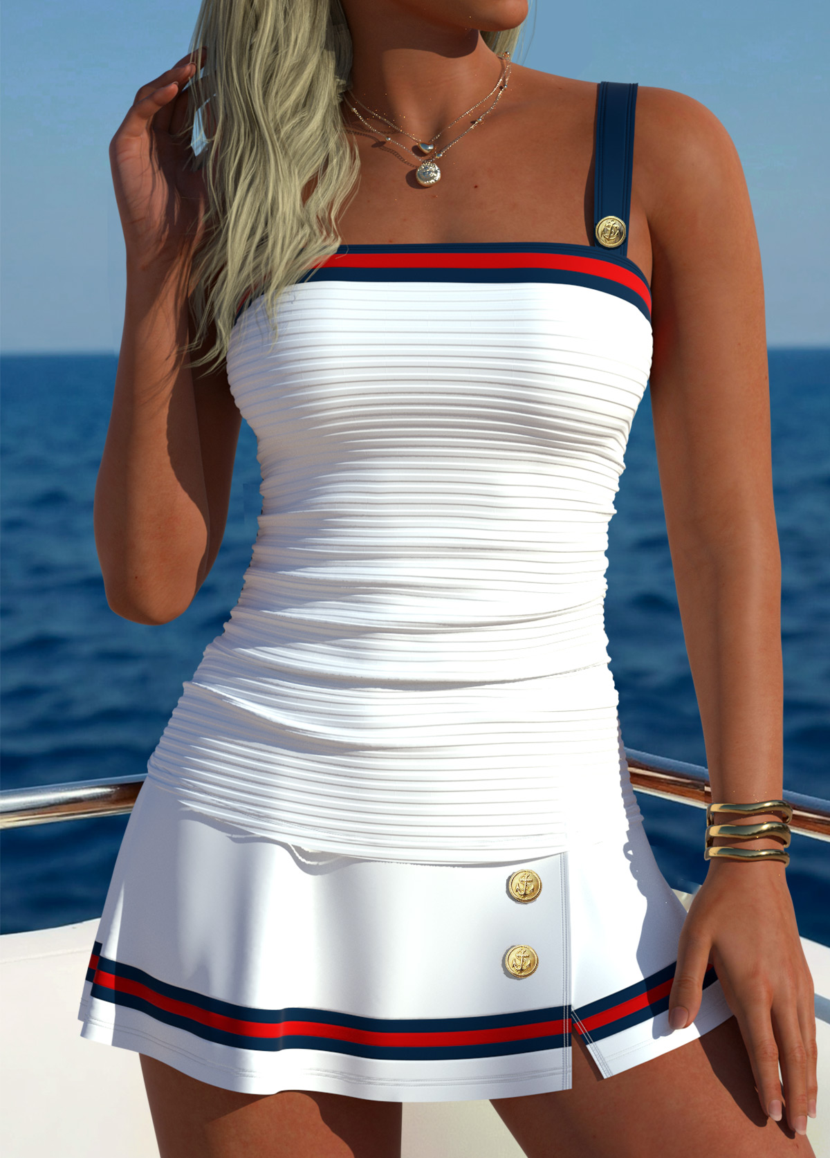 Contrast Piping High Waisted White Striped Tankini – Ruched Slim ...