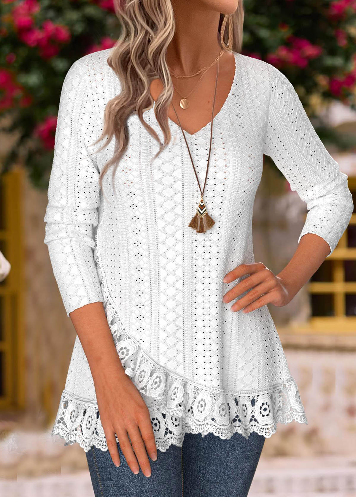 White Tummy Coverage Long Sleeve V Neck T Shirt | modlily.com - USD 31.98