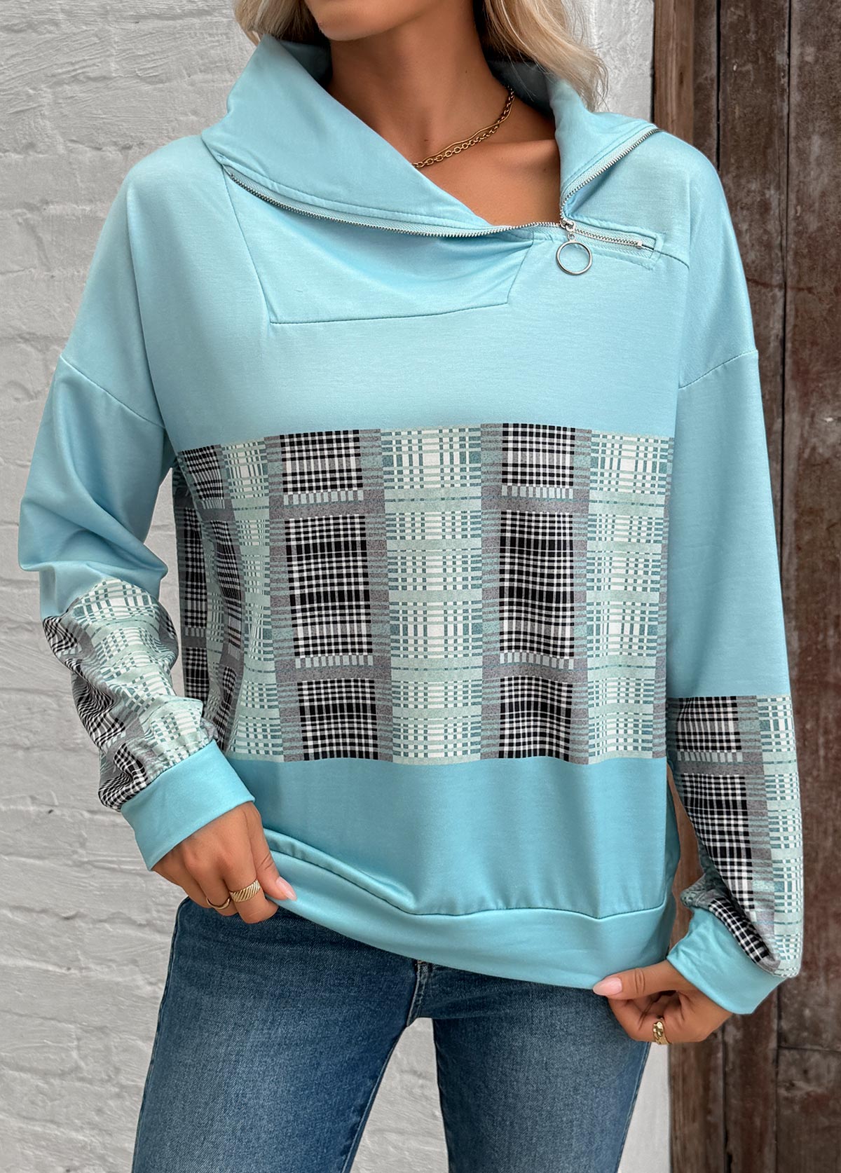 Mint Green Zipper Plaid Long Sleeve Asymmetrical Neck Sweatshirt ...