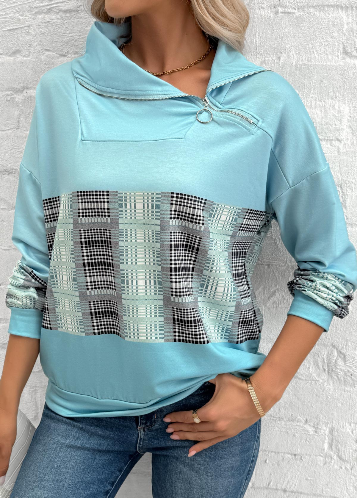 Mint Green Zipper Plaid Long Sleeve Asymmetrical Neck Sweatshirt ...