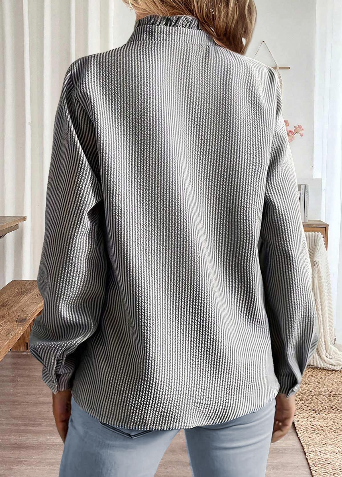 Black Tummy Coverage Striped Long Sleeve Stand Collar Blouse | modlily ...