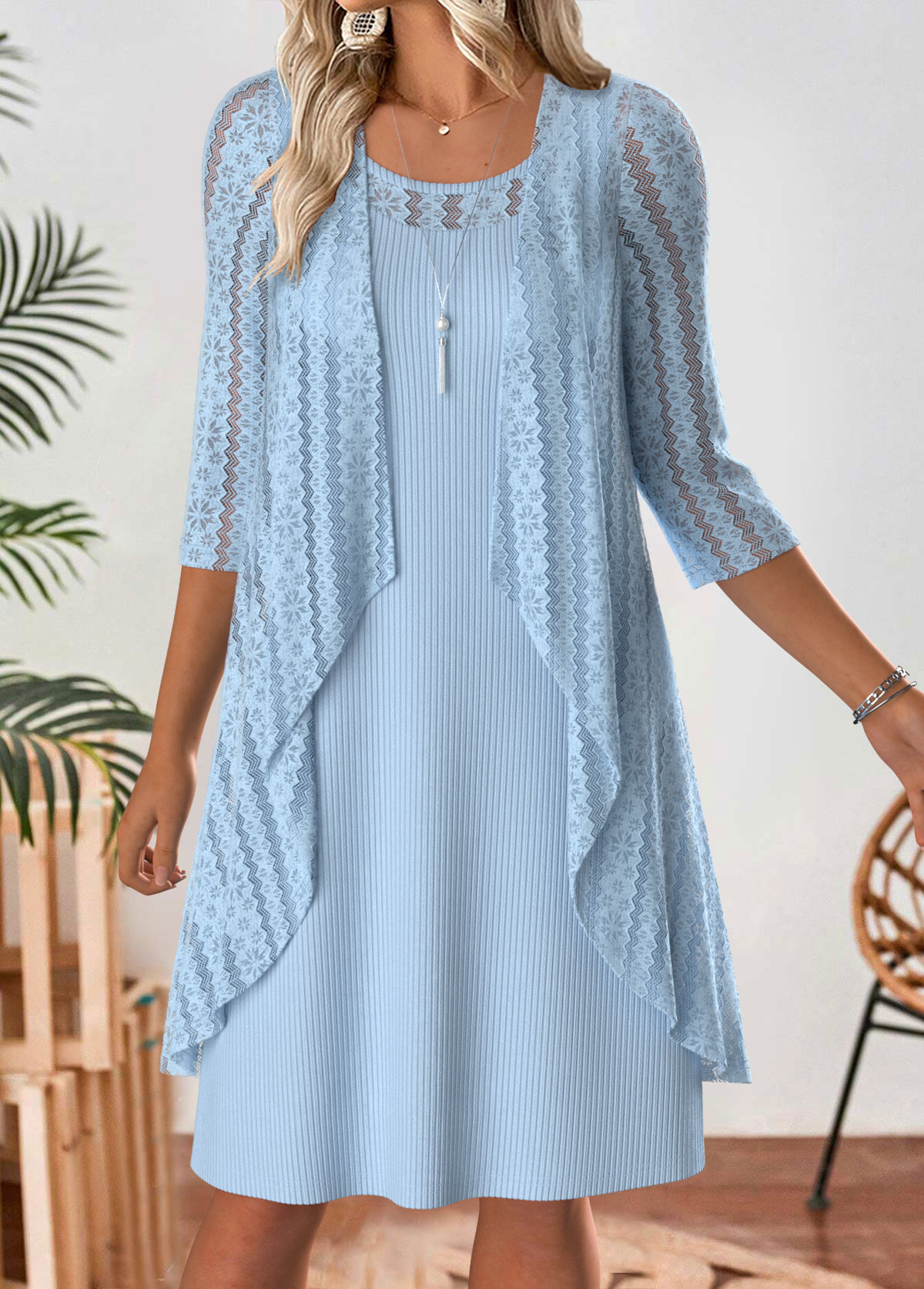 Light Blue Tummy Coverage 3/4 Sleeve Dress and Cardigan | modlily.com ...