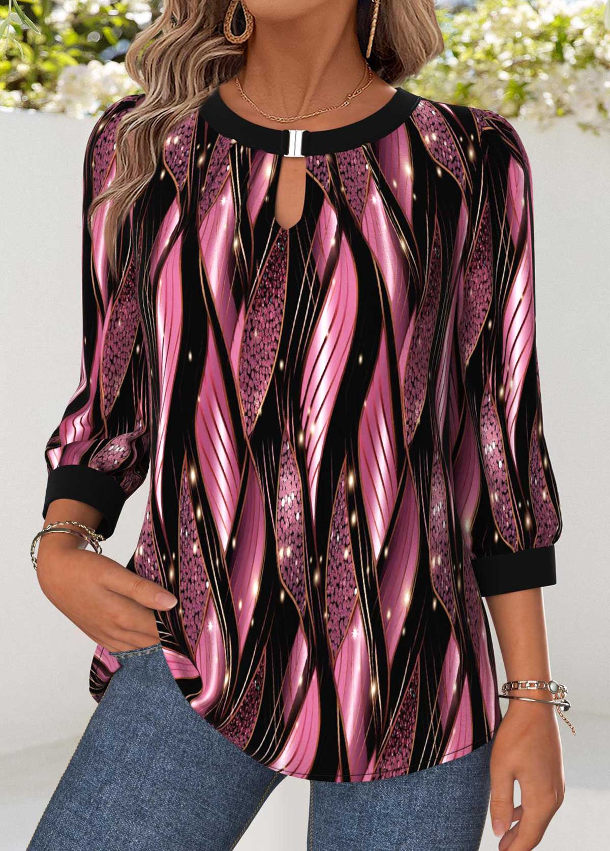 Pink Geometric Print Tummy Coverage 3/4 Sleeve Blouse