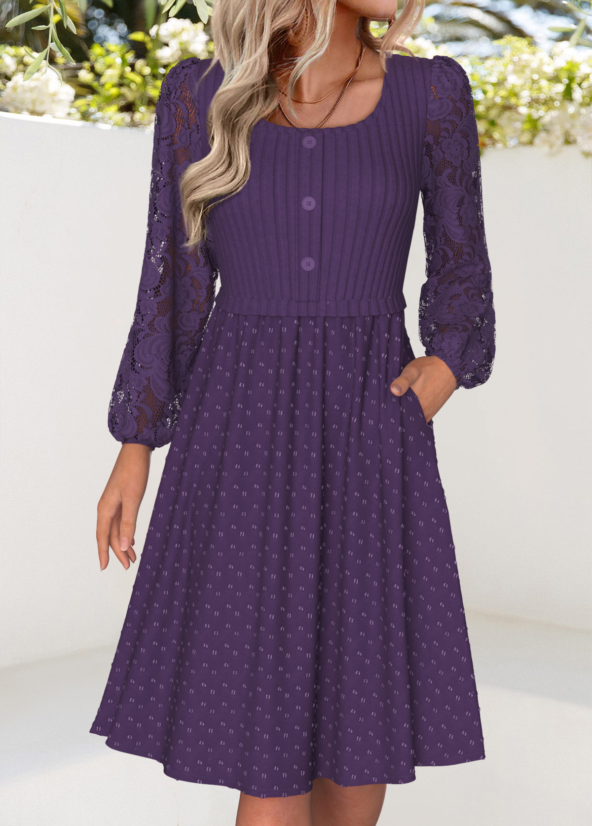 Purple Square Neck Long Sleeve Tummy Control Dress – Knitted Ribbed ...