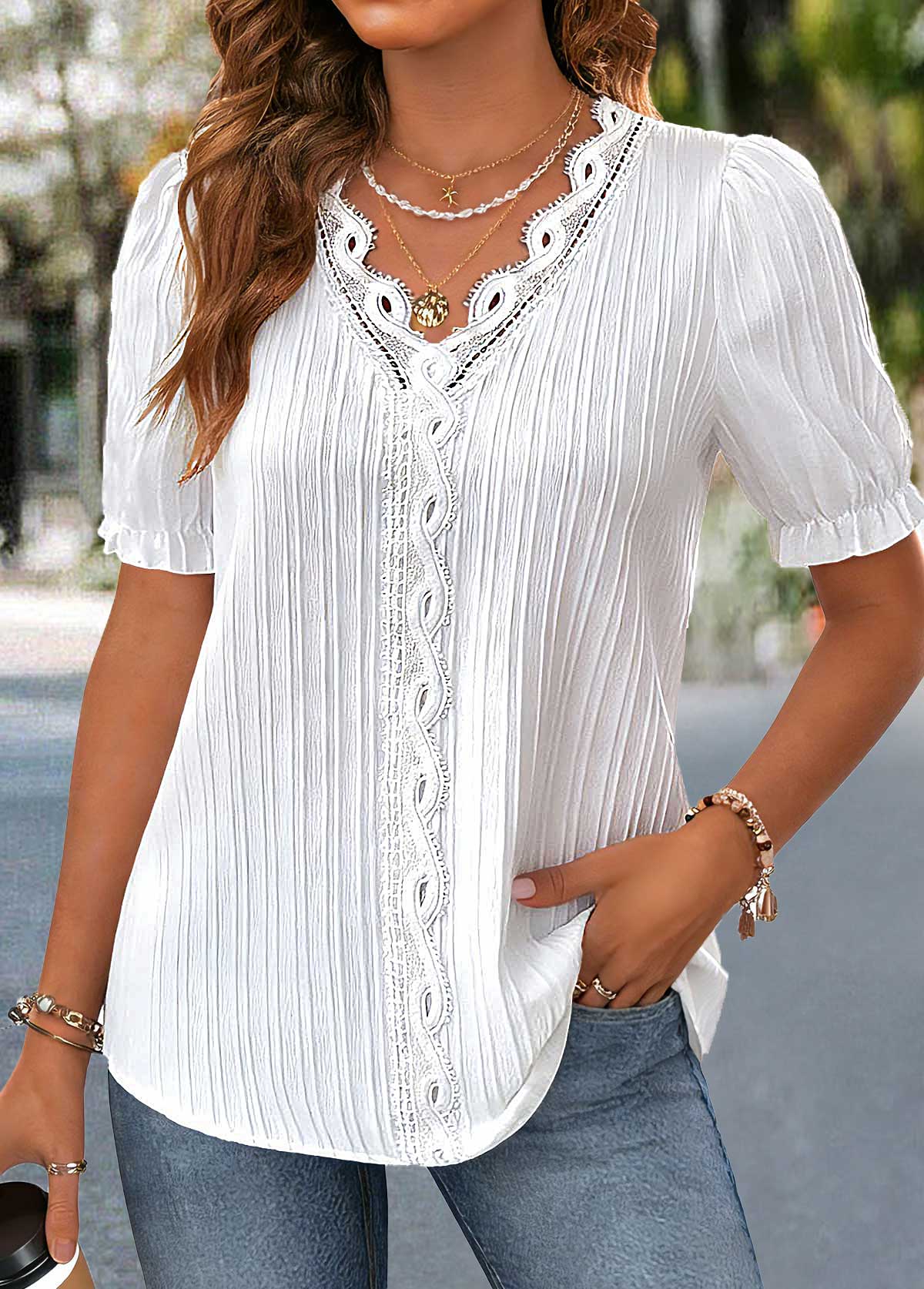 White Lace Short Sleeve V Neck Tunic Blouse - Summer Tummy Control