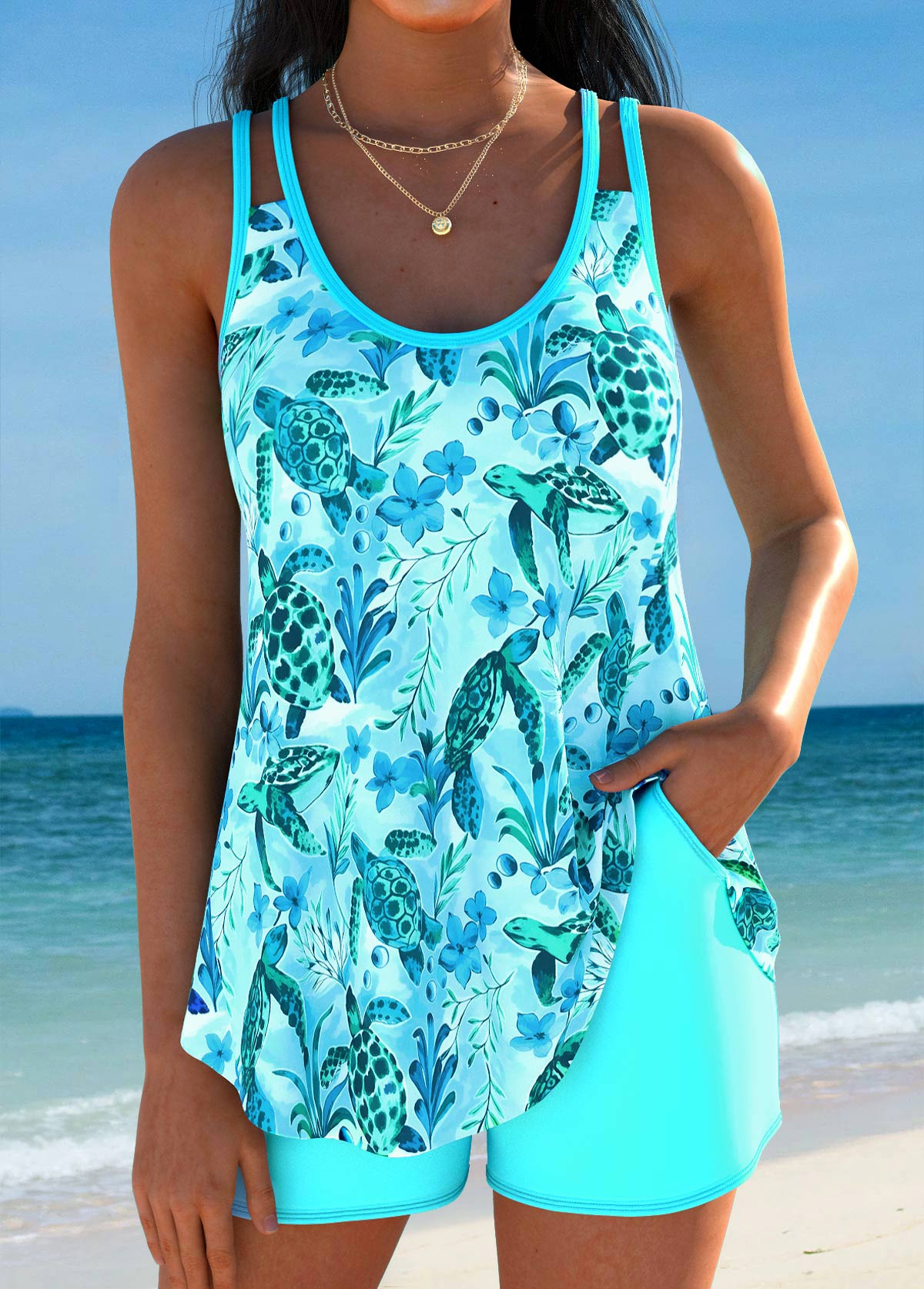 Light Blue Ocean Print Curved Hem A-Line Tankini Set – Tummy Coverage ...